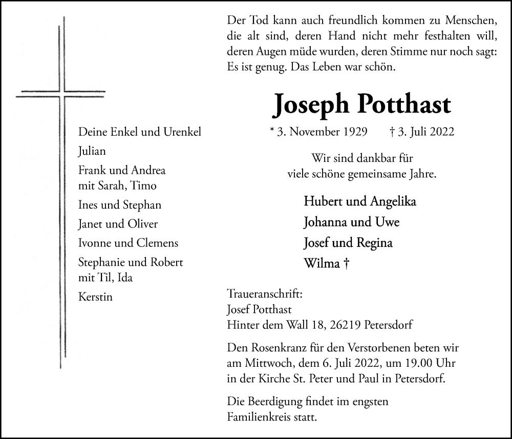 Traueranzeigen von Joseph Potthast | nordwest-trauer.de
