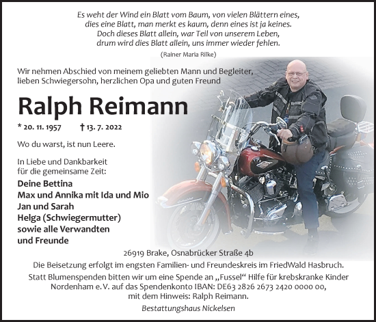 Traueranzeigen von Ralph Reimann | nordwest-trauer.de
