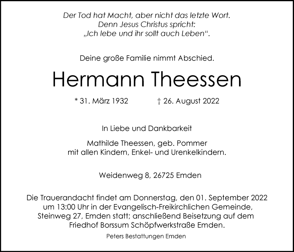 Traueranzeigen von Hermann Theessen | nordwest-trauer.de