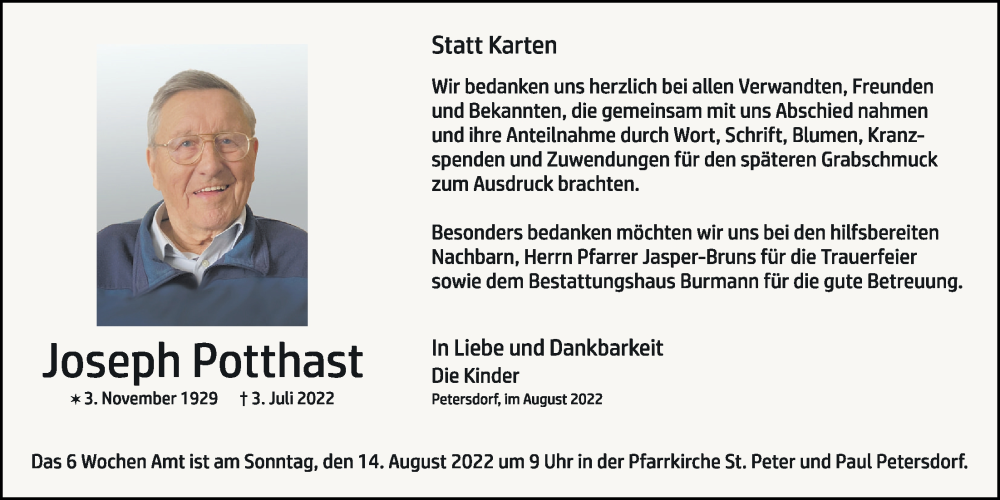 Traueranzeigen von Joseph Potthast | nordwest-trauer.de
