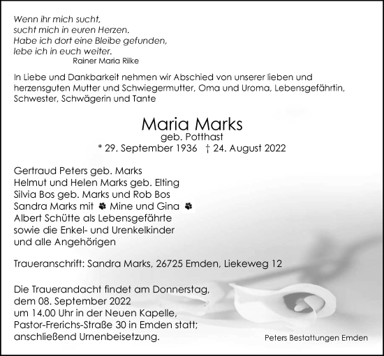 Traueranzeigen von Maria Marks | nordwest-trauer.de