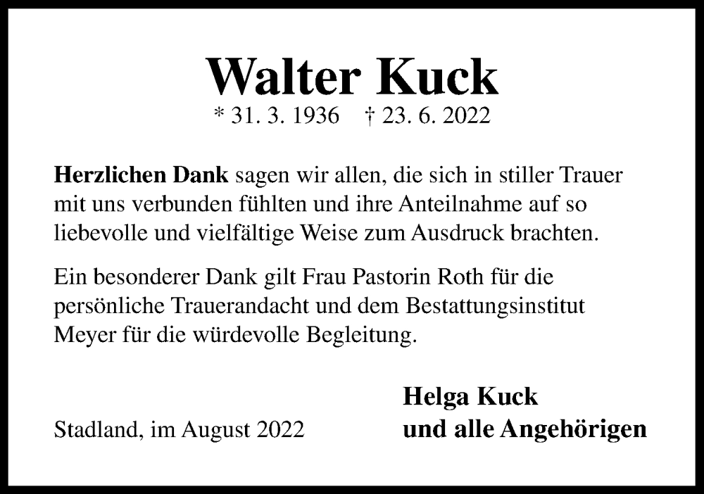 Traueranzeigen von Walter Kuck | nordwest-trauer.de