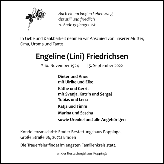 Traueranzeigen von Engeline Friedrichsen | nordwest-trauer.de