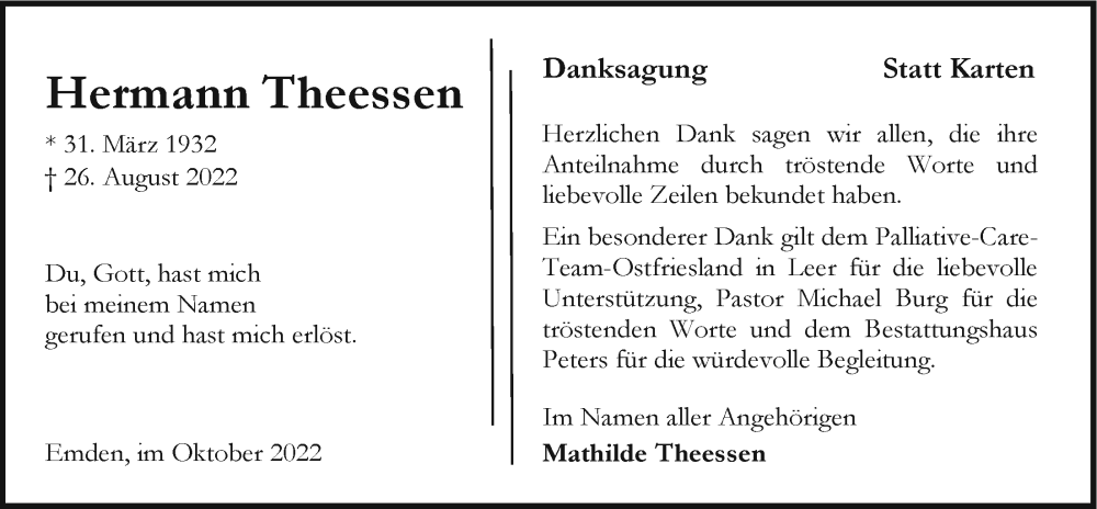 Traueranzeigen von Hermann Theessen | nordwest-trauer.de