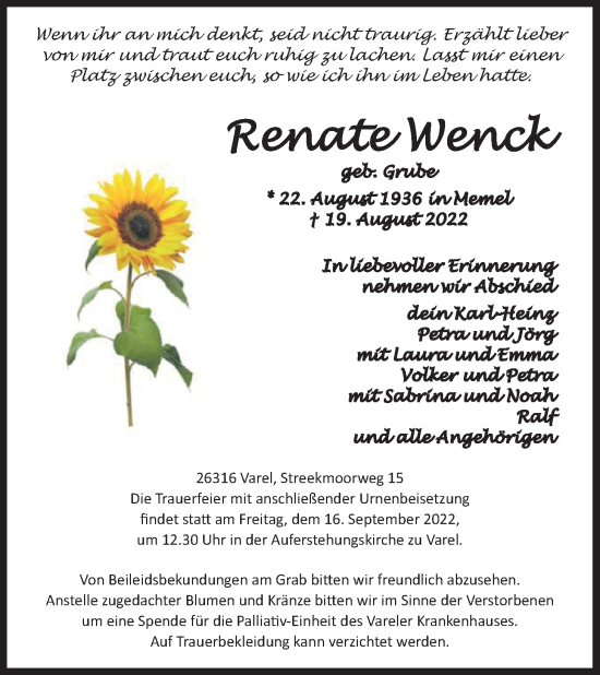 Traueranzeigen von Renate Wenck | nordwest-trauer.de