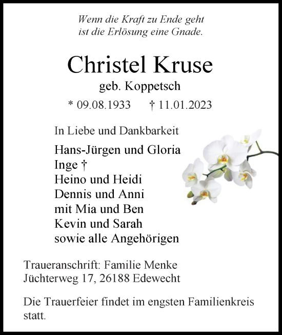 Traueranzeigen von Christel Kruse | nordwest-trauer.de