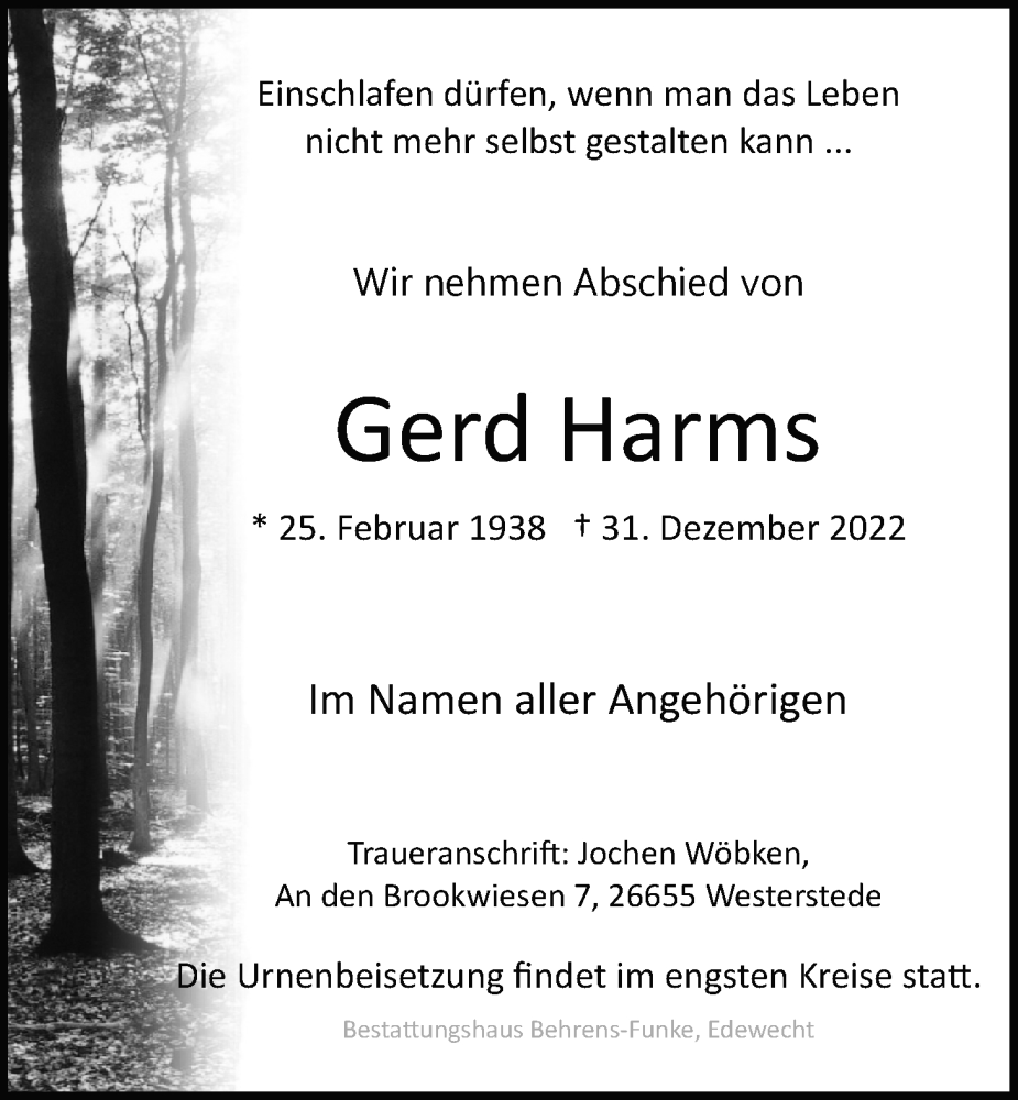 Traueranzeigen von Gerd Harms | nordwest-trauer.de