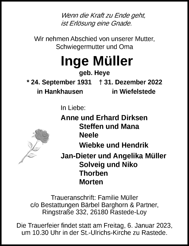 Traueranzeigen von Inge Müller | nordwest-trauer.de