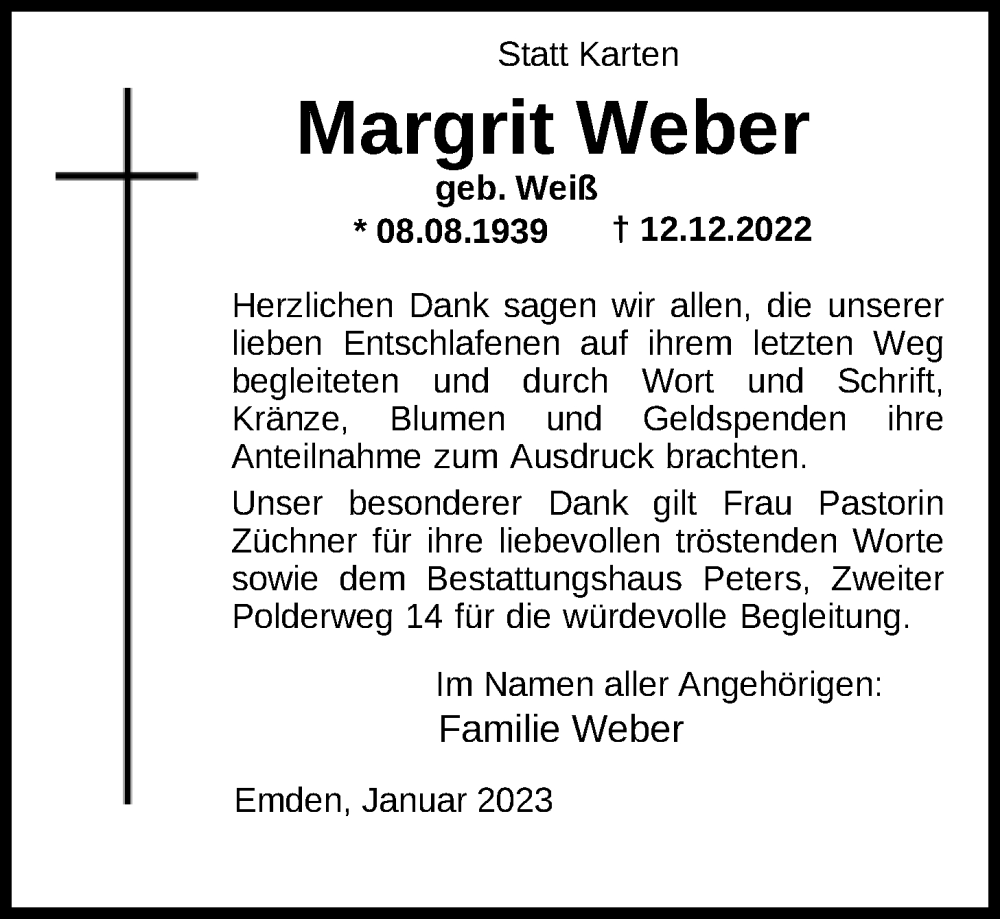 Traueranzeigen von Margrit Weber | nordwest-trauer.de