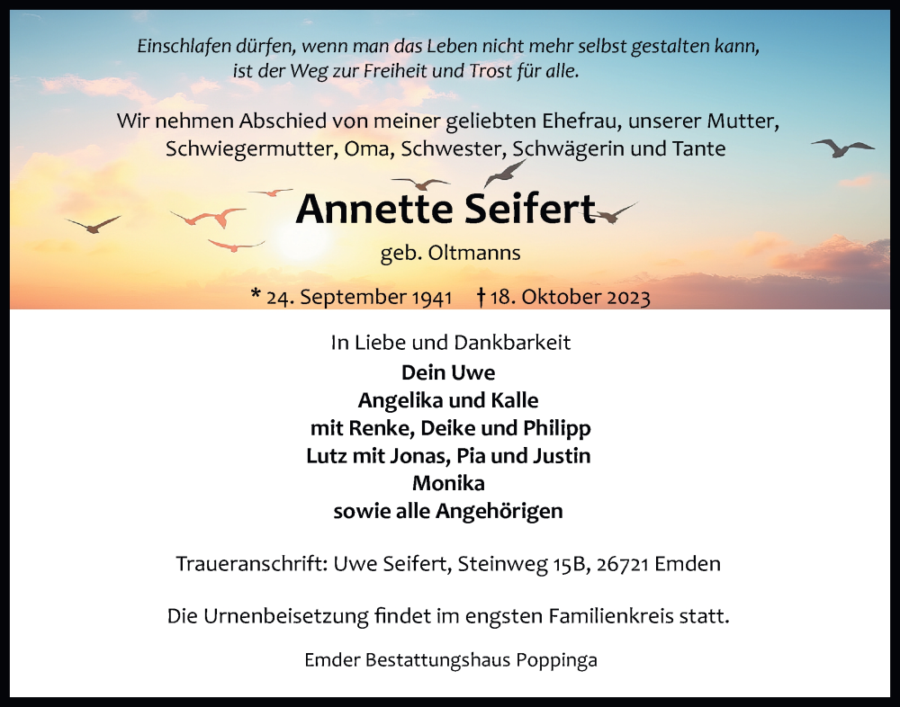 Traueranzeigen von Annette Seifert | nordwest-trauer.de