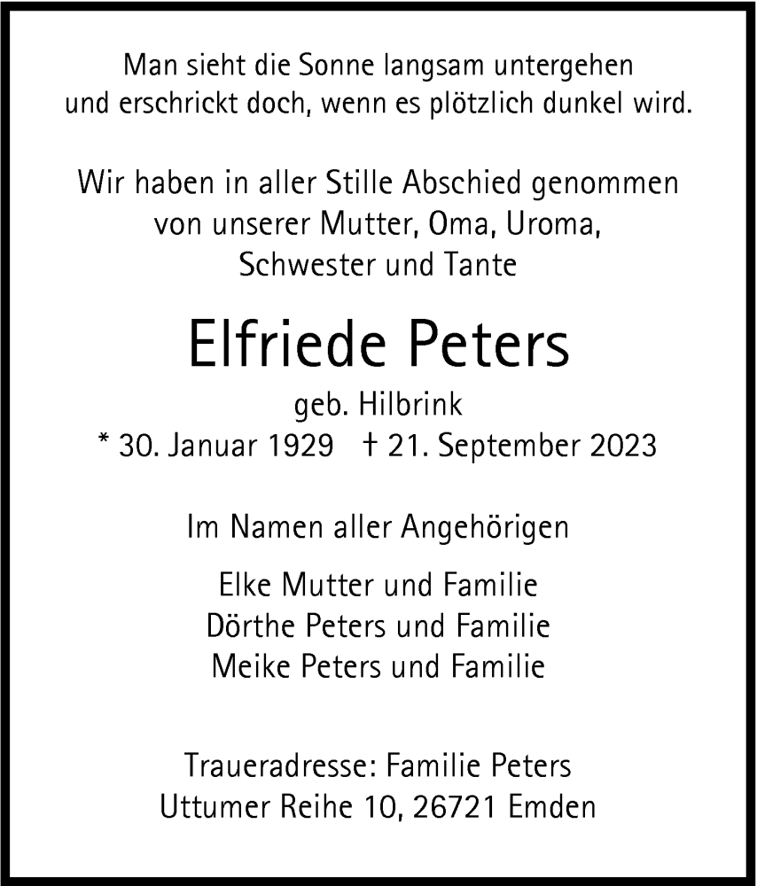 Traueranzeigen von Elfriede Peters | nordwest-trauer.de