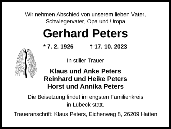 Traueranzeigen von Gerhard Peters | nordwest-trauer.de