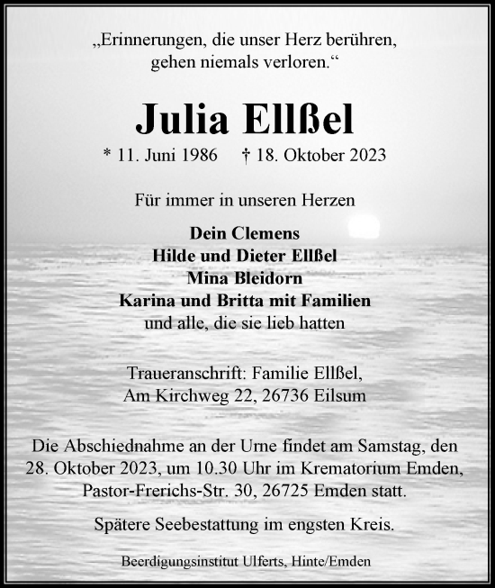 Traueranzeigen von Julia Ellßel | nordwest-trauer.de