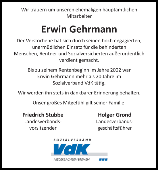 Traueranzeigen von Erwin Gehrmann | nordwest-trauer.de