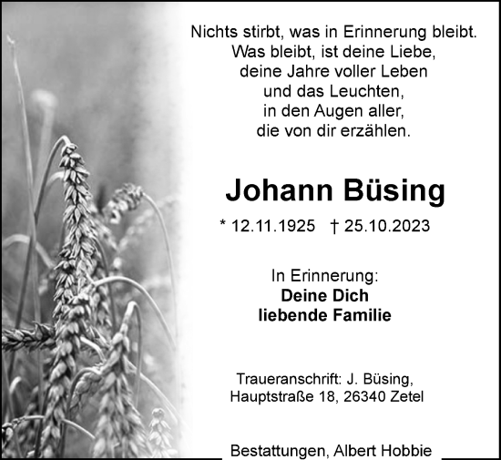 Traueranzeigen von Johann Büsing | nordwest-trauer.de