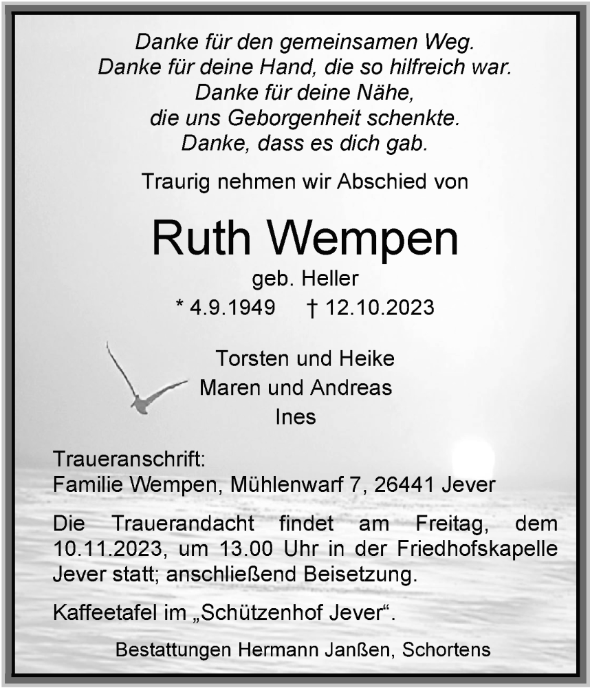 Traueranzeigen von Ruth Wempen | nordwest-trauer.de