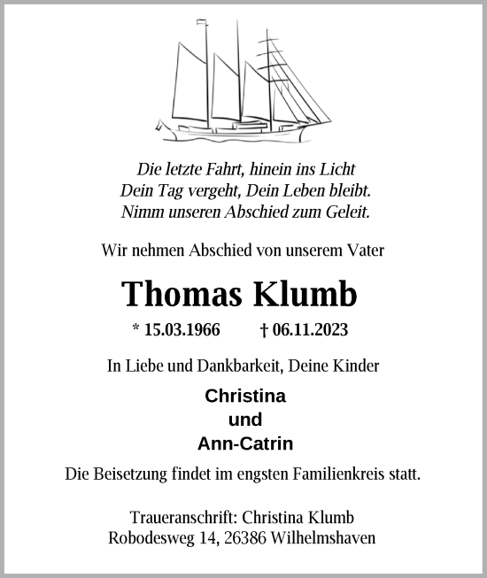 Traueranzeigen von Thomas Klumb | nordwest-trauer.de