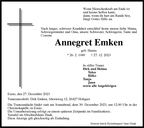 Traueranzeigen von Annegret Emken | nordwest-trauer.de
