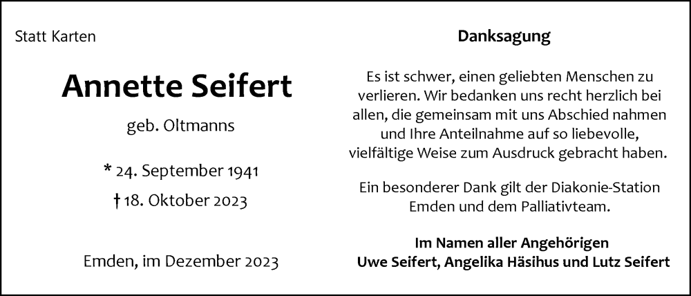 Traueranzeigen von Annette Seifert | nordwest-trauer.de