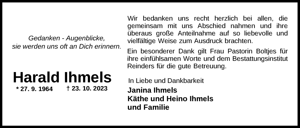 Traueranzeigen von Harald Ihmels | nordwest-trauer.de
