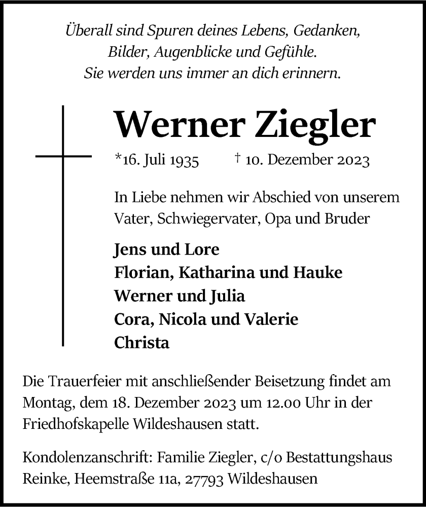 Traueranzeigen von Werner Ziegler | nordwest-trauer.de