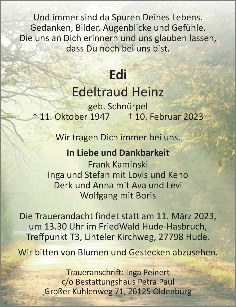 Traueranzeigen von Edeltraud Heinz | nordwest-trauer.de