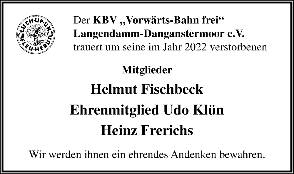 Traueranzeigen von Helmut Fischbeck | nordwest-trauer.de