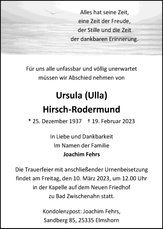 Traueranzeigen von Ursula Hirsch-Rodermund | nordwest-trauer.de