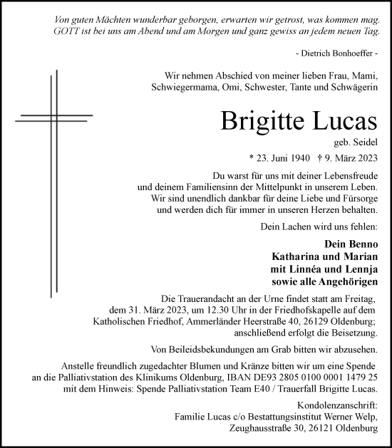Traueranzeigen von Brigitte Lucas | nordwest-trauer.de