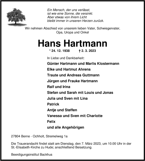 Traueranzeigen von Hans Hartmann | nordwest-trauer.de