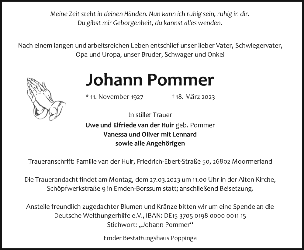 Traueranzeigen von Johann Pommer | nordwest-trauer.de