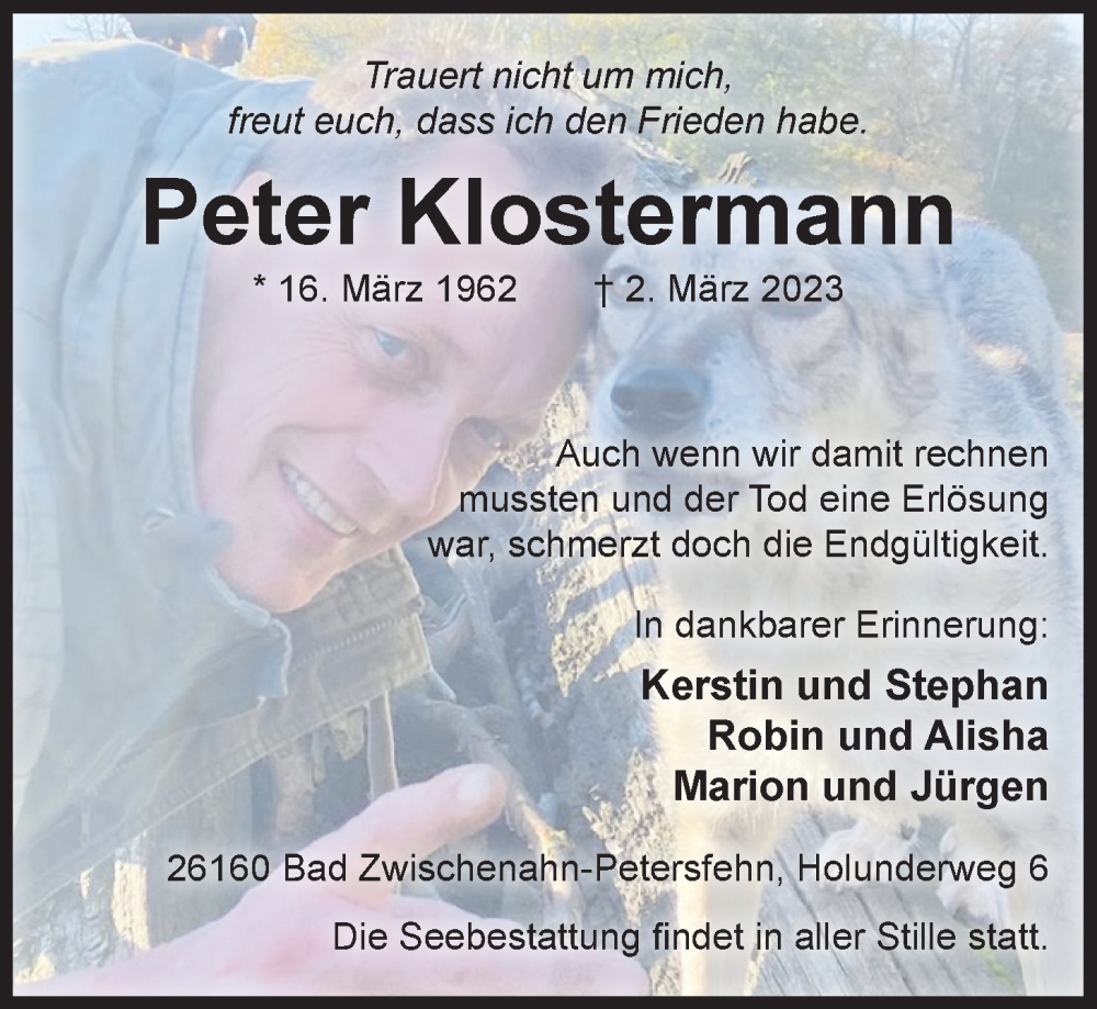Traueranzeigen von Peter Klostermann | nordwest-trauer.de