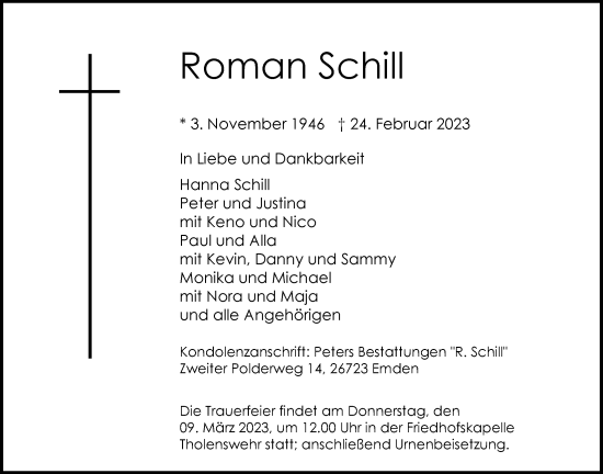 Traueranzeigen von Roman Schill | nordwest-trauer.de Traueranzeigen von Roman Schill | nordwest-trauer.de
