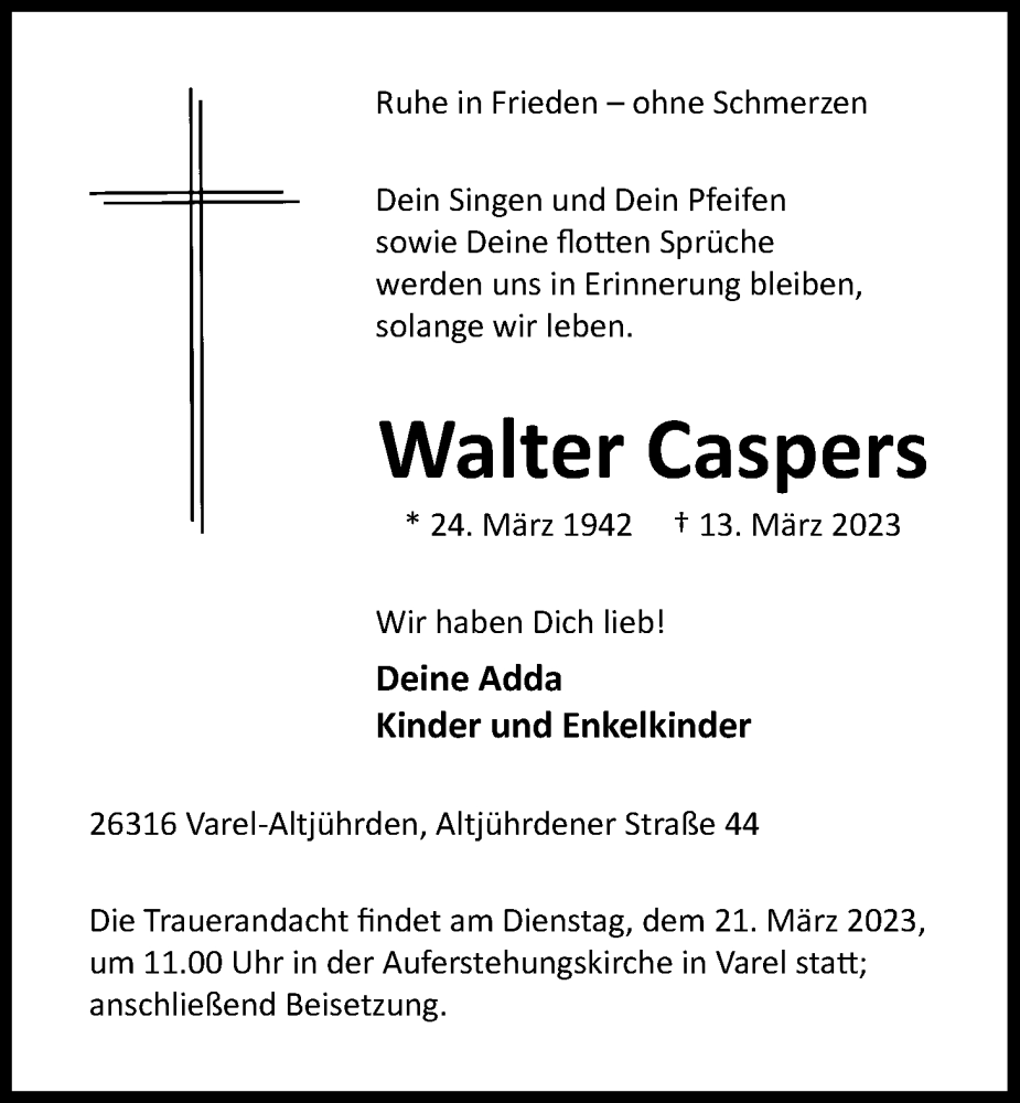 Traueranzeigen von Walter Caspers | nordwest-trauer.de