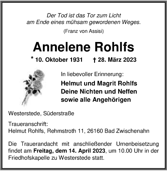 Traueranzeigen von Annelene Rohlfs | nordwest-trauer.de