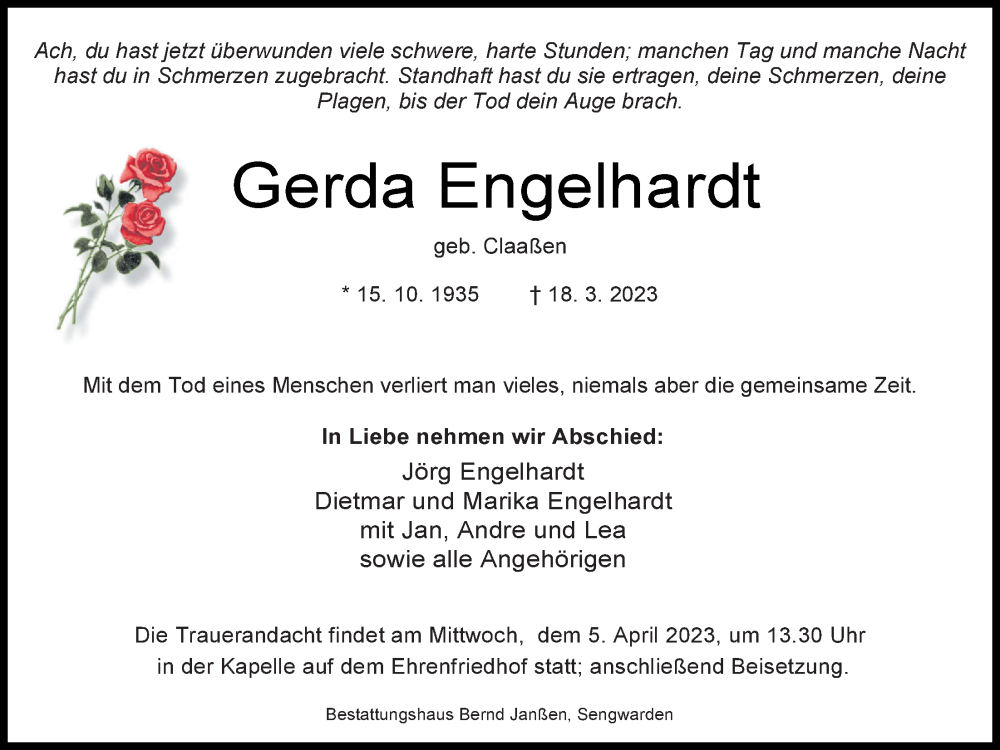 Traueranzeigen von Gerda Engelhardt | nordwest-trauer.de