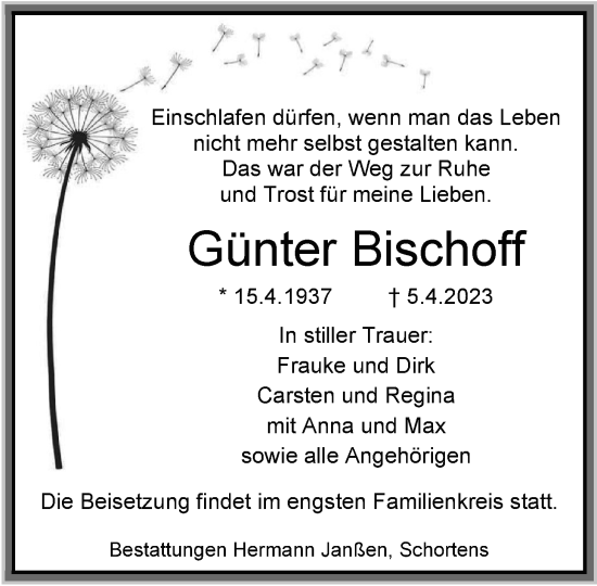 Traueranzeigen von Günter Bischoff | nordwest-trauer.de