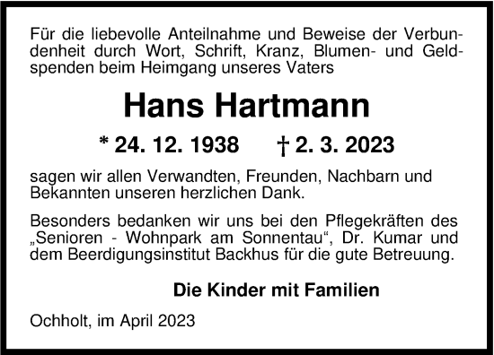 Traueranzeigen von Hans Hartmann | nordwest-trauer.de