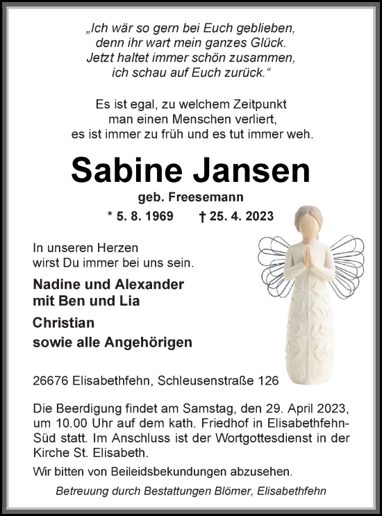 Traueranzeigen von Sabine Jansen | nordwest-trauer.de