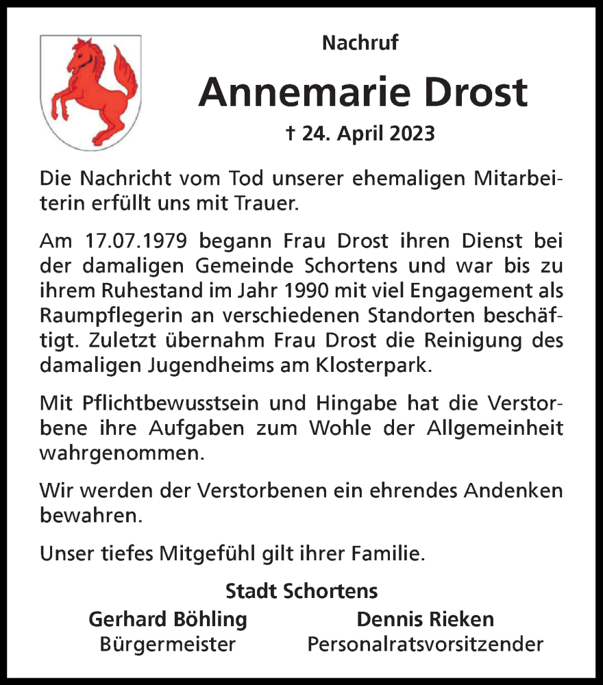 Traueranzeigen von Annemarie Drost | nordwest-trauer.de
