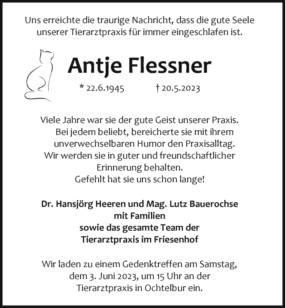 Traueranzeigen von Antje Flessner | nordwest-trauer.de