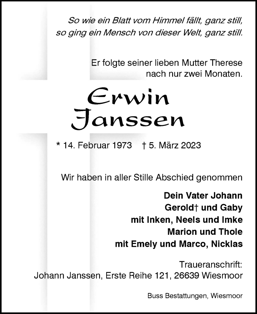 Traueranzeigen von Erwin Janssen | nordwest-trauer.de