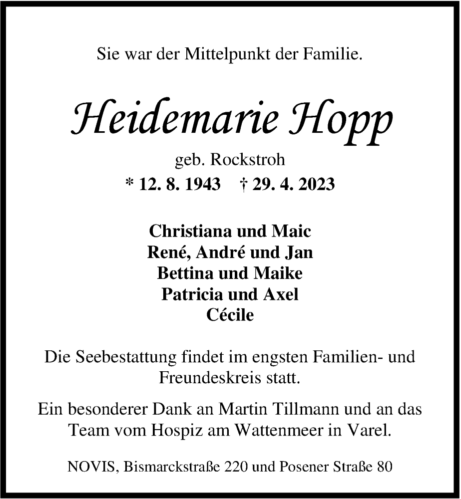 Traueranzeigen von Heidemarie Hopp | nordwest-trauer.de