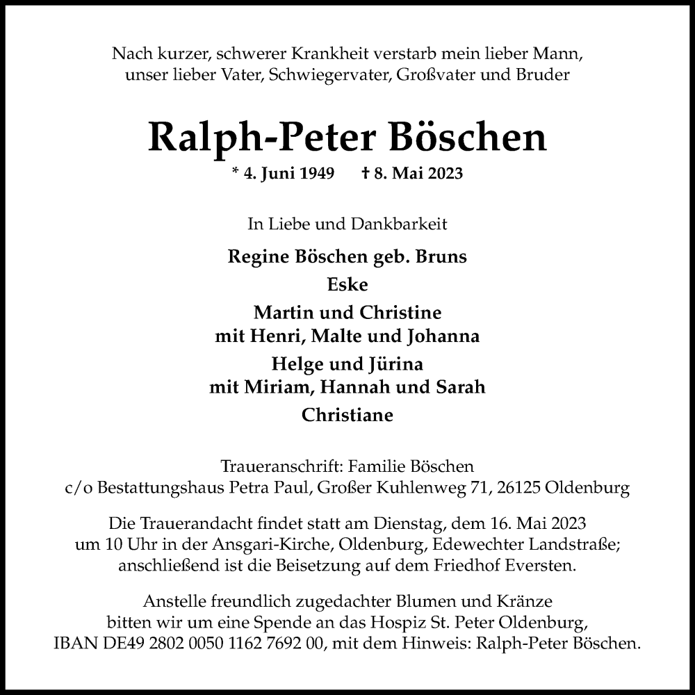 Traueranzeigen von Ralph-Peter Böschen | nordwest-trauer.de