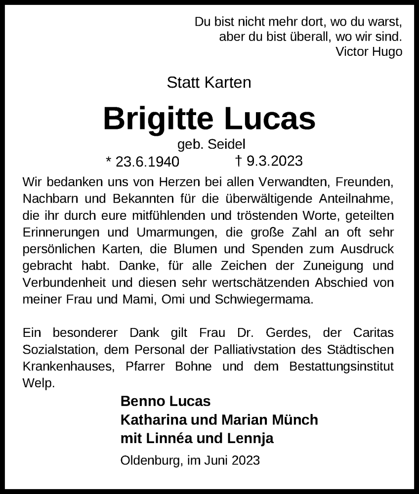 Traueranzeigen von Brigitte Lucas | nordwest-trauer.de