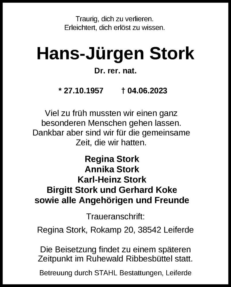 Traueranzeigen von Hans-Jürgen Stork | nordwest-trauer.de