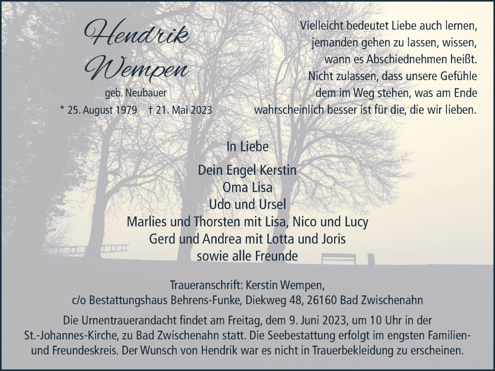 Traueranzeigen von Hendrik Wempen | nordwest-trauer.de