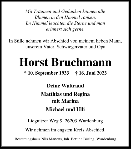 Traueranzeigen von Horst Bruchmann | nordwest-trauer.de