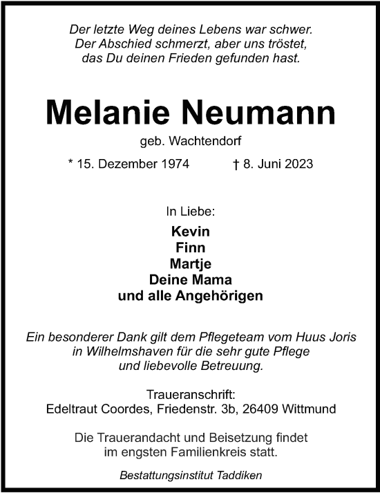 Traueranzeigen von Melanie Neumann | nordwest-trauer.de