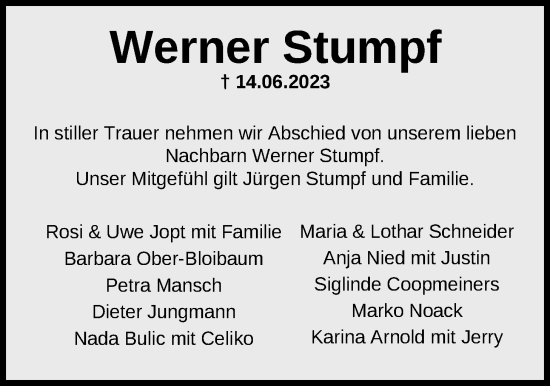Traueranzeigen von Werner Stumpf | nordwest-trauer.de